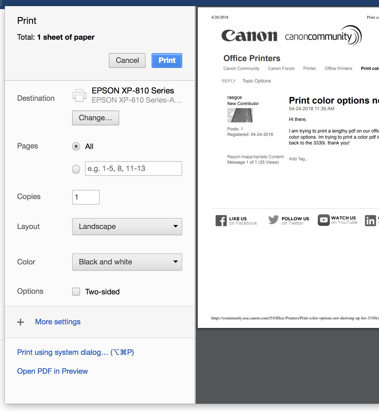 Print color options not showing up for 3330i - Canon Community