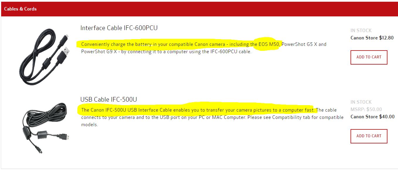 USB Cables 2 different cables 1 to charge 1 to tra... - Canon Community