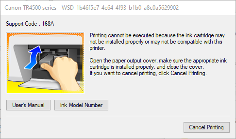 Unable to install ink cartridge error 168A tr4520 - Canon Community