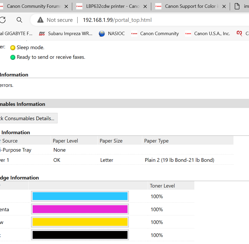imageCLASS LBP632Cdw toner status and card stock q... - Canon Community