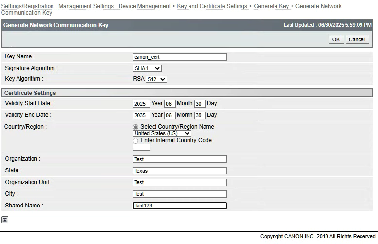 Error generating Cert Key on Canon imageRUNNER ADV... - Canon Community