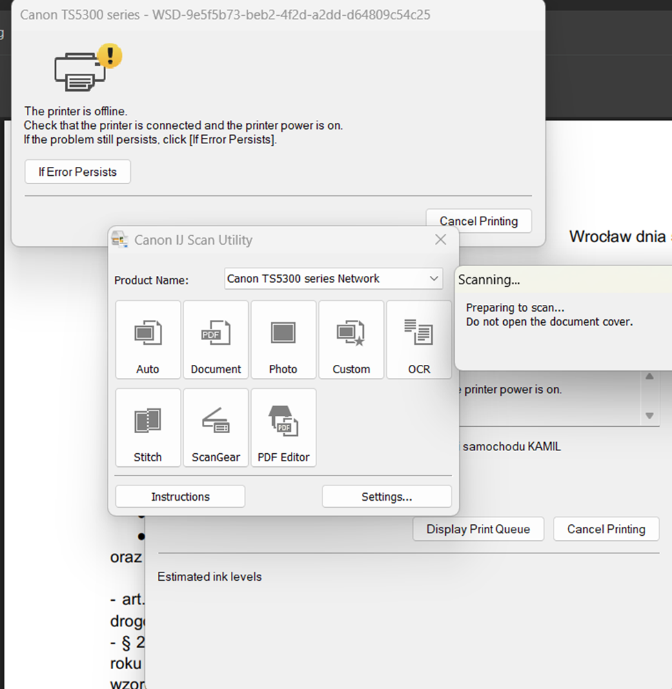 Re: PIXMA TS5300 - printer says "offline" when sca... - Canon Community